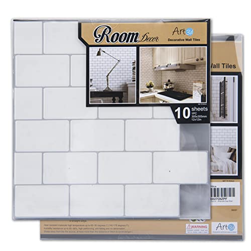 Art3d 10-Sheet Peel and Stick Backsplash, 12 in. x 12 in. Subway 3D Wall Panels, Mono White with Gray Grout