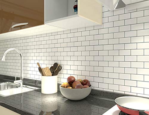 Art3d 10-Sheet Peel and Stick Backsplash, 12 in. x 12 in. Subway 3D Wall Panels, Mono White with Gray Grout