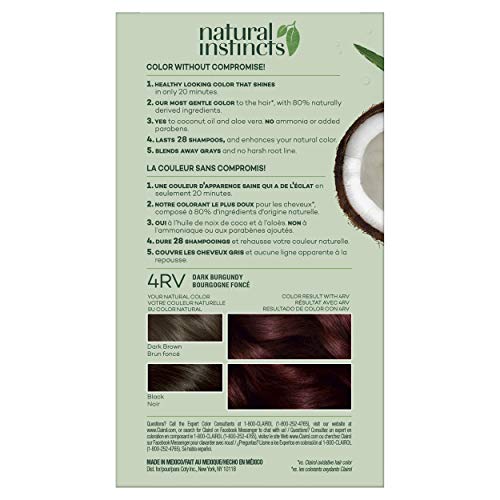 Clairol Natural Instincts Demi-Permanent Hair Dye, 4RV Dark Burgundy Hair Color, Pack of 3