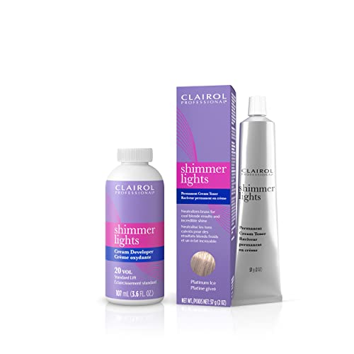 Clairol Professional Shimmer Lights Permanent Cream Toner in Platinum Ice & 20 volume Hair Developer Bundle