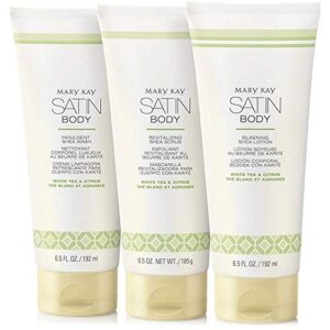 mary kay satin body shea set – revitalizing scrub, indulgent wash and silkening lotion 6.5 oz. / 185 g