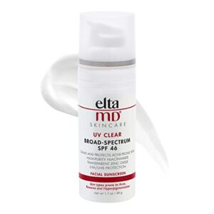 eltamd uv clear spf 46 face sunscreen, broad spectrum sunscreen for sensitive skin and acne-prone skin, oil-free mineral-based sunscreen lotion with zinc oxide, dermatologist recommended, 1.7 oz pump