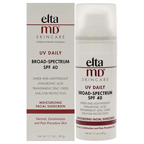 EltaMD UV Daily SPF 40 Sunscreen Moisturizer Face Lotion, Sunscreen Moisturizer With Hyaluronic Acid, Broad Spectrum Hydrating Sunscreen Lotion, Non Greasy, Sheer, Zinc Oxide Formula, 1.7 oz Pump