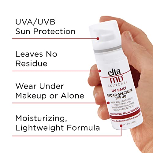 EltaMD UV Daily SPF 40 Sunscreen Moisturizer Face Lotion, Sunscreen Moisturizer With Hyaluronic Acid, Broad Spectrum Hydrating Sunscreen Lotion, Non Greasy, Sheer, Zinc Oxide Formula, 1.7 oz Pump