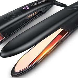 vanessa pro flat iron hair straightener, 100% pure titanium flat iron for one pass to achieve a sleek look, curls beautifully & straightens well – 1 inch