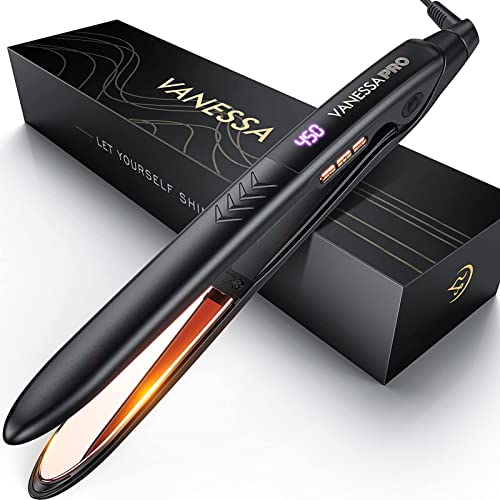 VANESSA PRO Flat Iron Hair Straightener, 100% Pure Titanium Flat Iron for One Pass to Achieve a Sleek Look, Curls Beautifully & Straightens Well - 1 inch