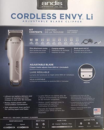 Andis 73000 Envy Li Cordless Clipper - Rechargeable Hair Trimmer - Adjustable Blade Clipper, Close Cutting Zero Gapped - Pack of 1, female