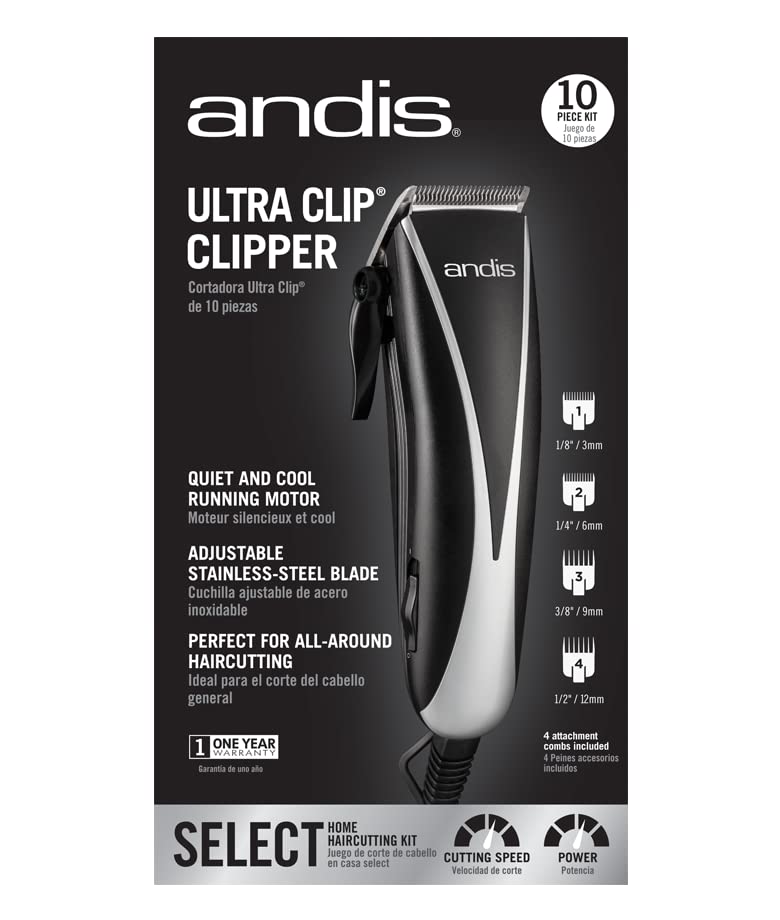 Andis Ultra Clip Adjustable Blade 10-Piece Home Haircut Kit, Black