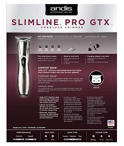 Andis Slimline Pro GTX Lithium-Ion Cordless Wide Blade Trimmer D-8 (32690) - Bundled with a BeauWis Blade Brush