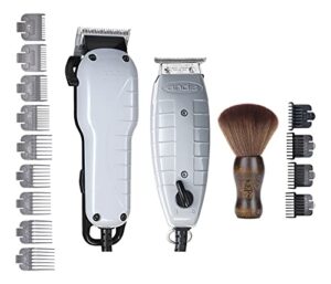 andis barber combo-powerful high-speed adjustable clipper blade & t-outliner t-blade trimmer with fine teeth for dry shaving, outlining and fading bundled with kepse neck duster