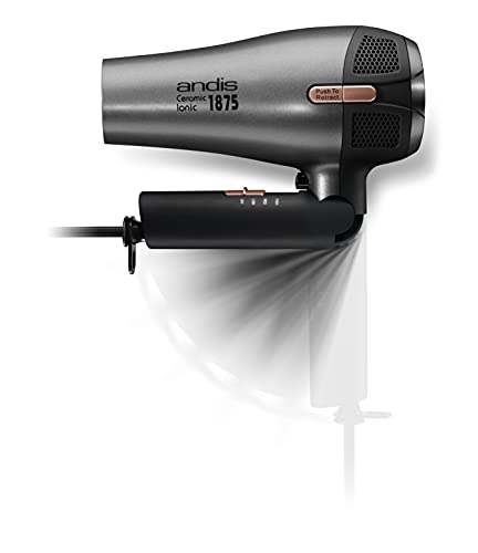 Andis 80280 Fold-n-go 1875 Watt Ceramic Ionic Dryer, Retractable Cord, Lightweight with Professional Blowout Results, Quick Drying Blow Dryer, Black/Silver