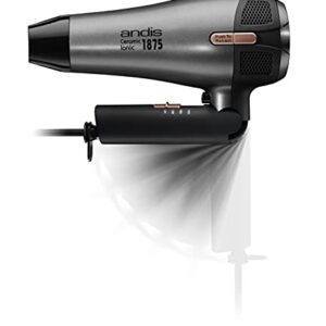 Andis 80280 Fold-n-go 1875 Watt Ceramic Ionic Dryer, Retractable Cord, Lightweight with Professional Blowout Results, Quick Drying Blow Dryer, Black/Silver