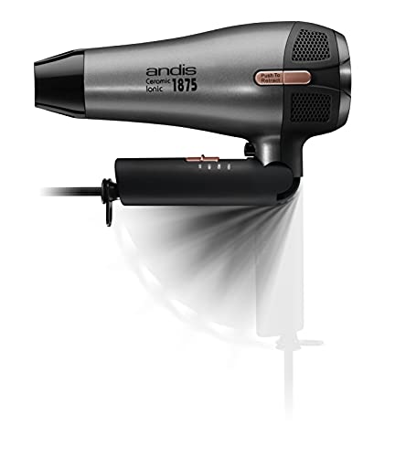 Andis 80280 Fold-n-go 1875 Watt Ceramic Ionic Dryer, Retractable Cord, Lightweight with Professional Blowout Results, Quick Drying Blow Dryer, Black/Silver