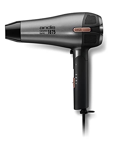 Andis 80280 Fold-n-go 1875 Watt Ceramic Ionic Dryer, Retractable Cord, Lightweight with Professional Blowout Results, Quick Drying Blow Dryer, Black/Silver