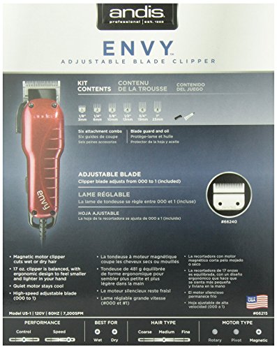 Andis 66215 Professional Envy Hair Clipper – High-Speed Adjustable Carbon-Steel Blade with Powerful Motor, 7200 Cutting Strokes Per Minute, Hanger Loop with Balanced Clipper Red & Black