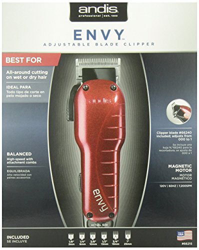 Andis 66215 Professional Envy Hair Clipper – High-Speed Adjustable Carbon-Steel Blade with Powerful Motor, 7200 Cutting Strokes Per Minute, Hanger Loop with Balanced Clipper Red & Black