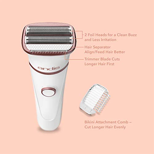 Andis 31015 Close Curves Electric Shaver for Women - Perfect for Legs, Bikini Area & Underarms Hair Removal - Rechargeable Cordless Wet & Dry Shaver, Lightweight - 6 Piece Kit