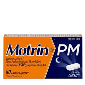 motrin pm caplets, 200 mg ibuprofen & 38 mg sleep aid, nighttime relief for minor pains, 80 ct.