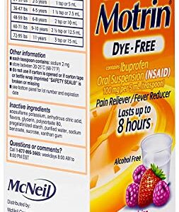 Motrin Children's Dye-Free Pain Reliever/Fever Reducer, Original Berry Flavor 4 oz (2 Pack)