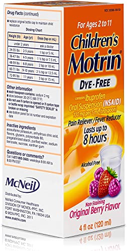 Motrin Children's Dye-Free Pain Reliever/Fever Reducer, Original Berry Flavor 4 oz (2 Pack)