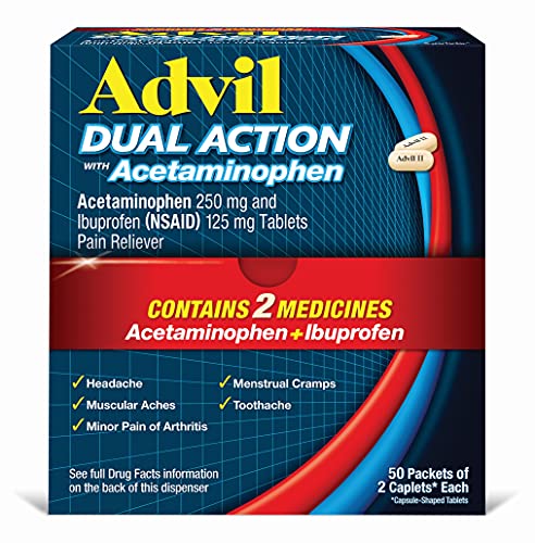 Advil Dual Action Coated Caplets with 250 Mg Ibuprofen and 500 Mg Acetaminophen Per Dose (2 Dose Equivalent) for 8 Hour Pain Relief - 2 Count x 50