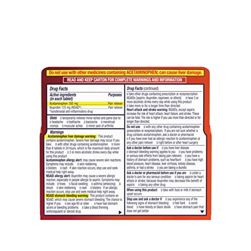 Motrin Dual Action with Tylenol, Dual Action Pain Reliever with Ibuprofen & Acetaminophen, Two Medicines for Minor Aches & Pains, Ibuprofen (NSAID) 125 mg & Acetaminophen 250 mg, 20 ct