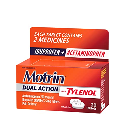 Motrin Dual Action with Tylenol, Dual Action Pain Reliever with Ibuprofen & Acetaminophen, Two Medicines for Minor Aches & Pains, Ibuprofen (NSAID) 125 mg & Acetaminophen 250 mg, 20 ct