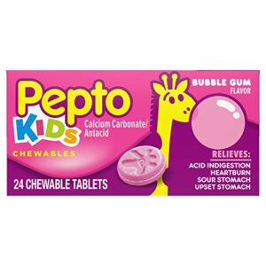 pepto kid’s bubblegum flavor chewable tablets for heartburn, acid indigestion, sour stomach, and upset stomach for children 24 ct