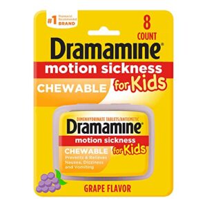 dramamine motion sickness for kids, chewable, dye free, grape flavored, 8 count