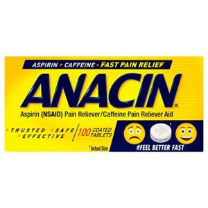 anacin fast pain relief, aspirin + caffeine pain reliever, 100 coated tablets