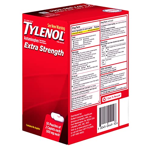 Tylenol Extra Strength Caplets with Acetaminophen, Pain Reliever & Fever Reducer, 2-pack of 50 ct