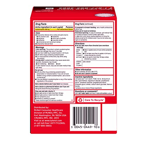 Tylenol Extra Strength Caplets with Acetaminophen, Pain Reliever & Fever Reducer, 2-pack of 50 ct