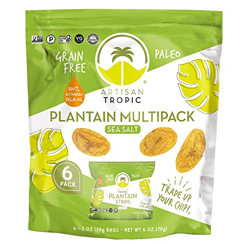 ARTISAN TROPIC Plantain Strips – Vegan, Paleo, Gluten Free Chips - Individual Bags Healthy Snacks for School, Gym, Kids – Whole 30 Approved Foods Baked Banana Chips – Sea Salt (1 Oz - 6 Pack)