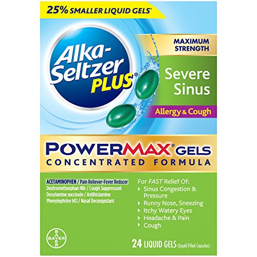 ALKA-SELTZER PLUS Maximum Strength PowerMax Allergy and Cough Medicine, Liquid Gels for Adults with Pain Reliever, Fever Reducer, Cough Suppressant, Antihistamine, Nasal Decongestant, 24 Count