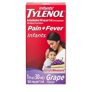 tylenol infants oral suspension liquid medicine with acetaminophen, baby fever reducer & pain reliever for minor aches & pains, sore throat, headache & toothache, grape flavor, 1 fl. oz