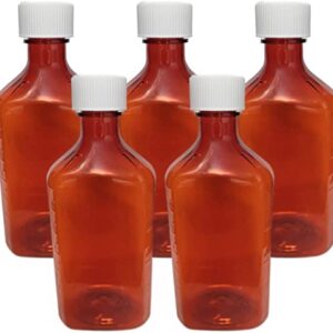 Plastic Amber Liquid Medicine Bottles with Child Resistant Caps 4 oz Pack of 5 Oval Pharmaceutical Prescription Dispensing Bottle with Safety lids - Light-sensitive Pharmacy Container (4oz. 5 Pack)