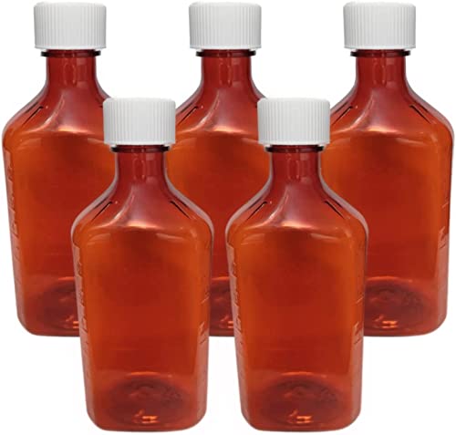 Plastic Amber Liquid Medicine Bottles with Child Resistant Caps 4 oz Pack of 5 Oval Pharmaceutical Prescription Dispensing Bottle with Safety lids - Light-sensitive Pharmacy Container (4oz. 5 Pack)