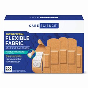 care science antibacterial fabric adhesive bandages, 200 ct bulk assorted sizes | flexible + breathable protection helps prevent infection for first aid and wound care