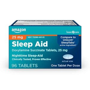 amazon basic care sleep aid tablets, doxylamine succinate tablets, 25 mg, nighttime sleep aid to help you fall asleep, white, 96 count