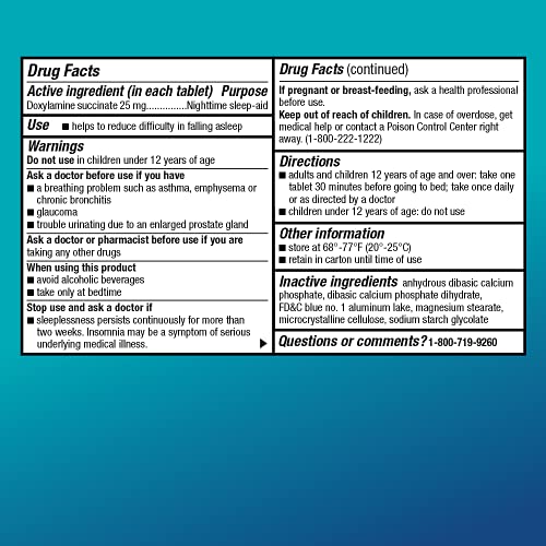 Amazon Basic Care Sleep Aid Tablets, Doxylamine Succinate Tablets, 25 mg, Nighttime Sleep Aid to Help You Fall Asleep, White, 96 Count