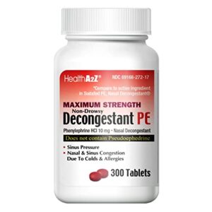 healtha2z decongestant pe 300 counts | phenylephrine hcl 10 mg | maximum strength | non drowsy nasal & sinus congestion relief due to cold & allergies