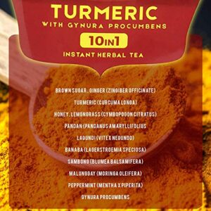 Turmeric Tea 10-in-1 Instant Powder drink w/ Gynura Procumbens Curcuminoids Curcumin Healthy natural herbs and spices Ginger, Lemongrass, Moringa, Naturall (1 Pack)