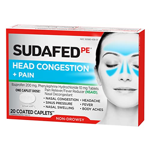 Sudafed PE Non-Drowsy Head Congestion + Pain Relief Caplets with Ibuprofen 200 mg & Phenylephrine HCl 10 mg, Nasal Decongestant & NSAID Pain Reliever & Fever Reducer, 20 ct