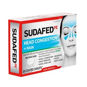 Sudafed PE Non-Drowsy Head Congestion + Pain Relief Caplets with Ibuprofen 200 mg & Phenylephrine HCl 10 mg, Nasal Decongestant & NSAID Pain Reliever & Fever Reducer, 20 ct