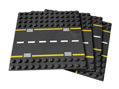 Apostrophe Games Building Block Road Base Plates for Large Blocks 7.5" x 7.5", 4 Street Baseplates (2 Straight & 2 Curved Roads) Compatible with Major Brands