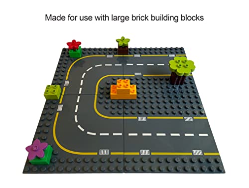 Apostrophe Games Building Block Road Base Plates for Large Blocks 7.5" x 7.5", 4 Street Baseplates (2 Straight & 2 Curved Roads) Compatible with Major Brands