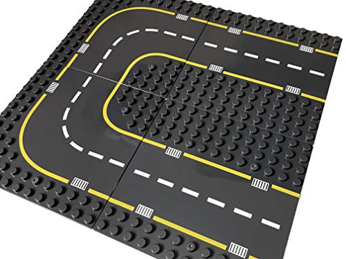 Apostrophe Games Building Block Road Base Plates for Large Blocks 7.5" x 7.5", 4 Street Baseplates (2 Straight & 2 Curved Roads) Compatible with Major Brands