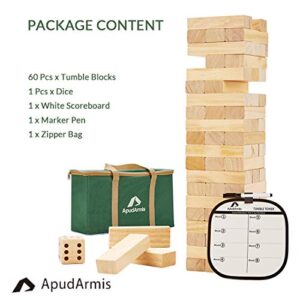 ApudArmis 60 PCS Giant Tumble Tower, (Stack up to 5Ft) Pine Wooden Stacking Timber Game with 1 Dice Set - Classic Block Giant Outdoor Game for Kids Adults Family