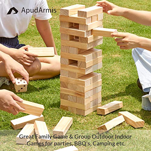 ApudArmis 60 PCS Giant Tumble Tower, (Stack up to 5Ft) Pine Wooden Stacking Timber Game with 1 Dice Set - Classic Block Giant Outdoor Game for Kids Adults Family