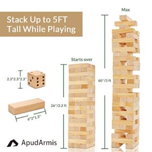 ApudArmis 60 PCS Giant Tumble Tower, (Stack up to 5Ft) Pine Wooden Stacking Timber Game with 1 Dice Set - Classic Block Giant Outdoor Game for Kids Adults Family